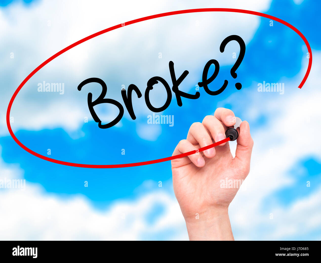 Man Hand writing Broke? with black marker on visual screen. Isolated on ...