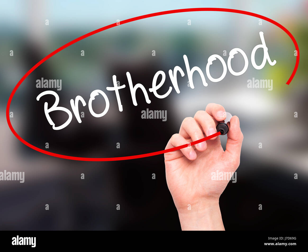 Man Hand writing Brotherhood with black marker on visual screen ...