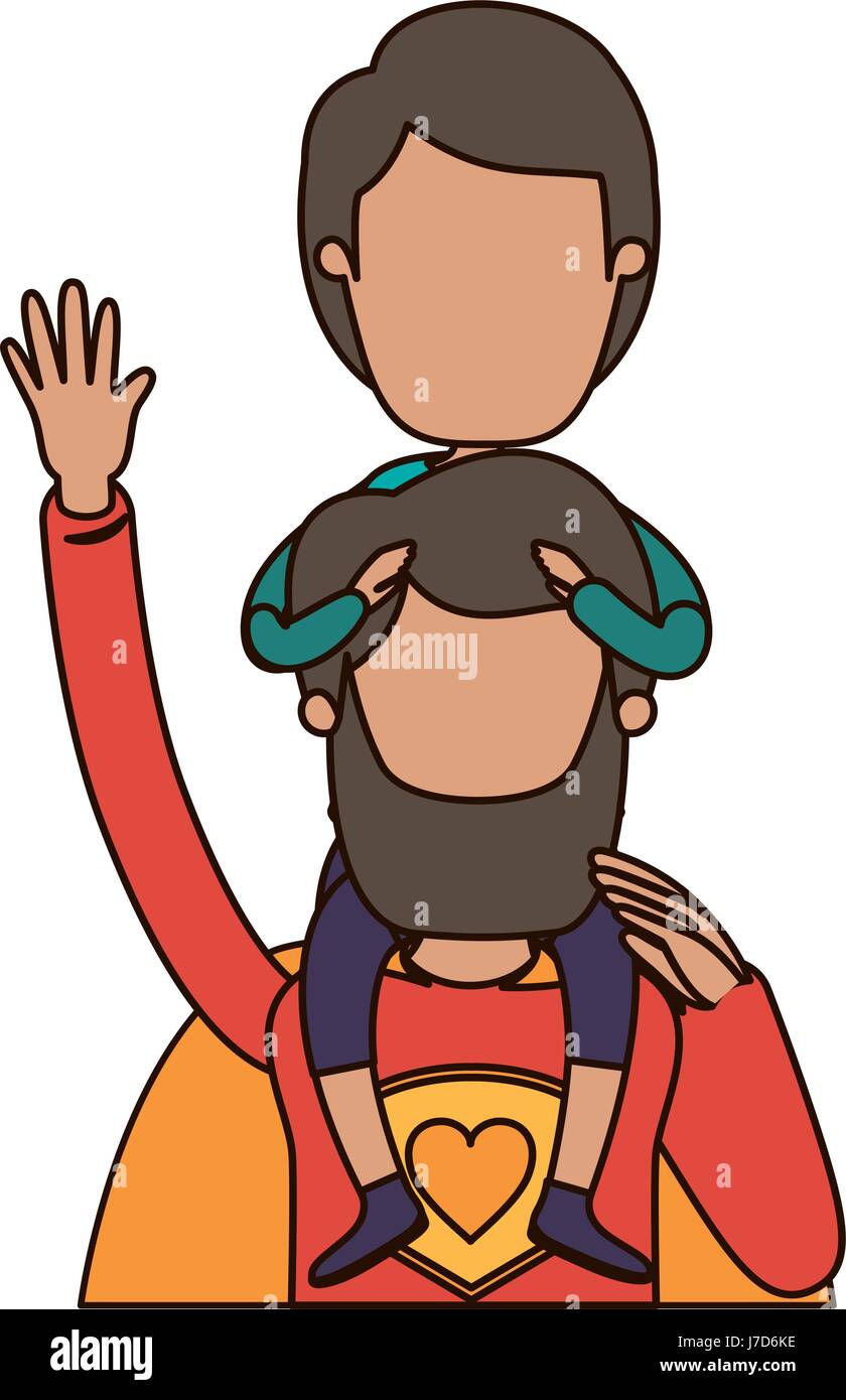 colorful caricature faceless half body super dad hero with boy on his ...