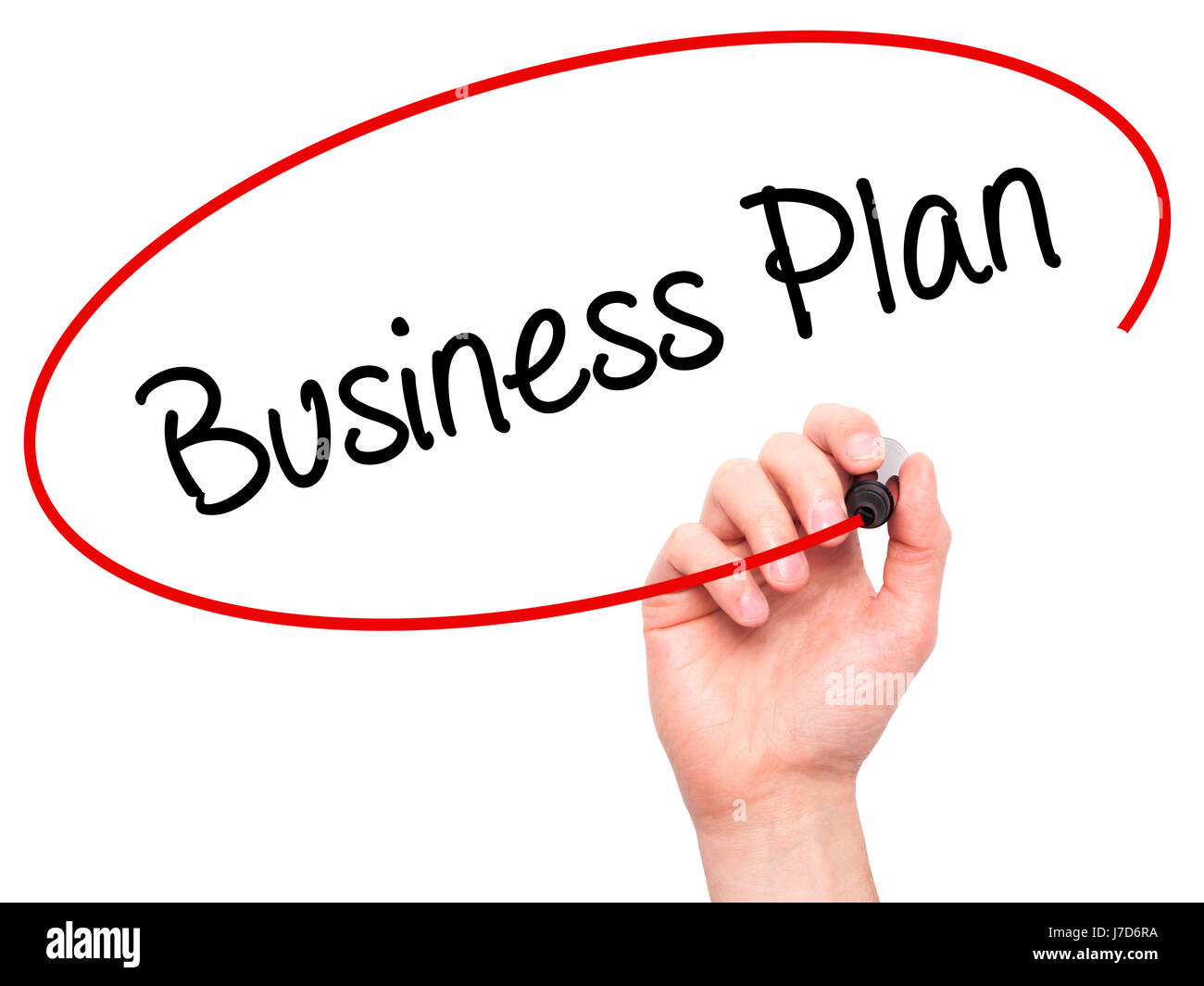 Man Hand writing Business Plan with black marker on visual screen ...