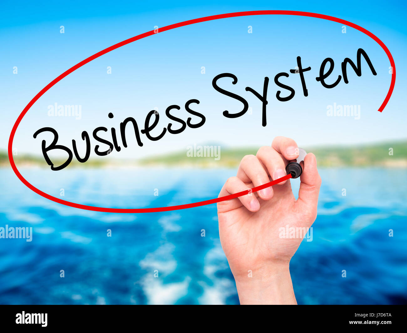 Man Hand writing Business System with black marker on visual screen ...