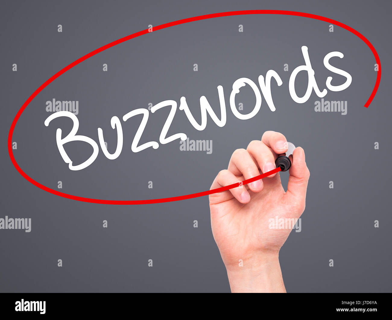 Man Hand writing Buzzwords with black marker on visual screen. Isolated ...