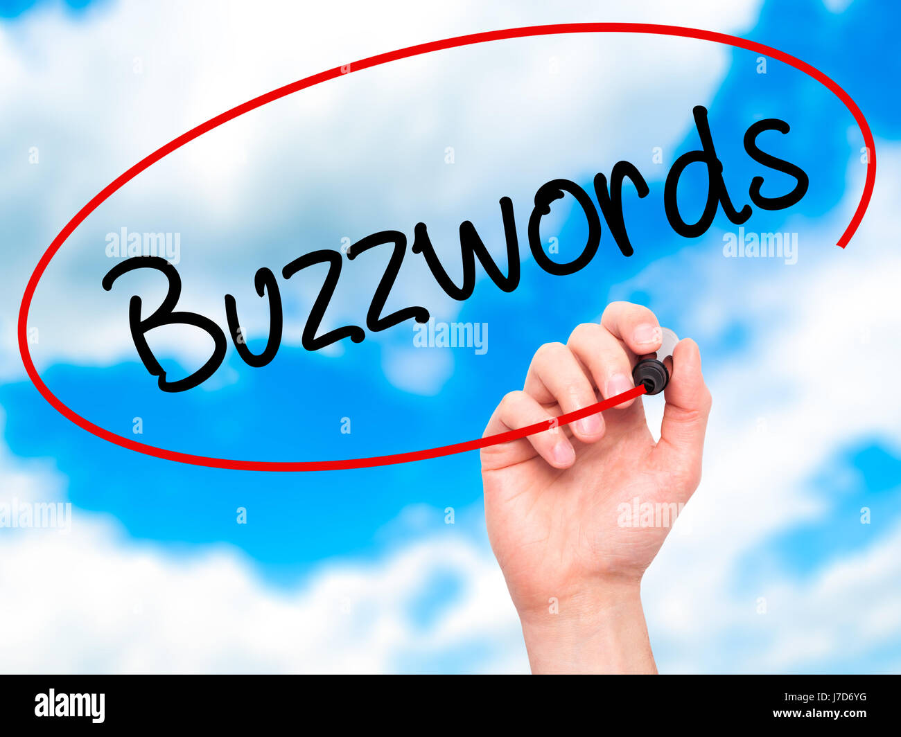 Man Hand writing Buzzwords with black marker on visual screen. Isolated ...
