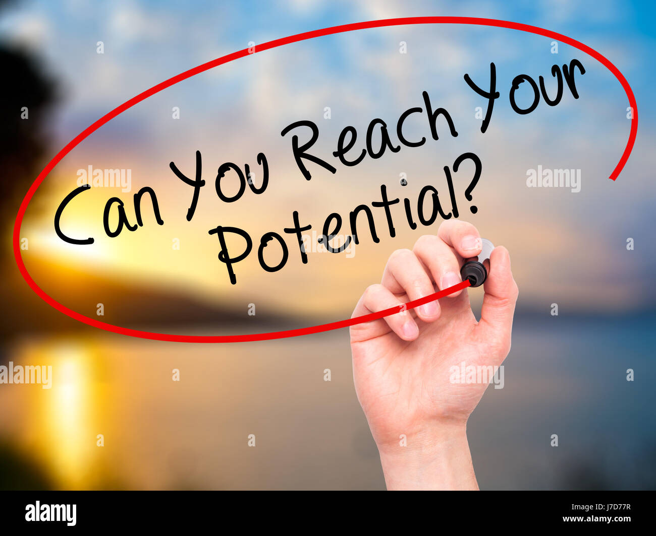 Man Hand writing Can You Reach Your Potential? with black marker on ...