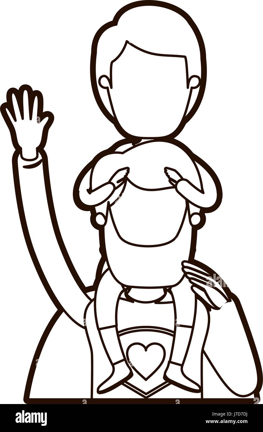 black thick contour caricature faceless half body super dad hero with ...