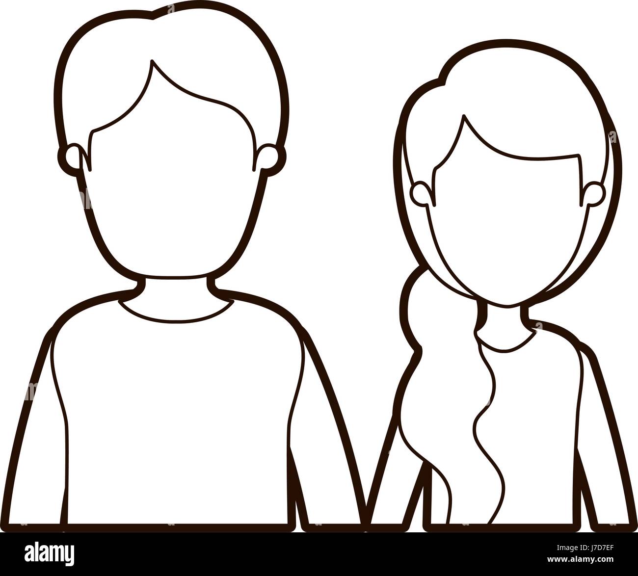 black thick contour caricature faceless front view half body couple ...