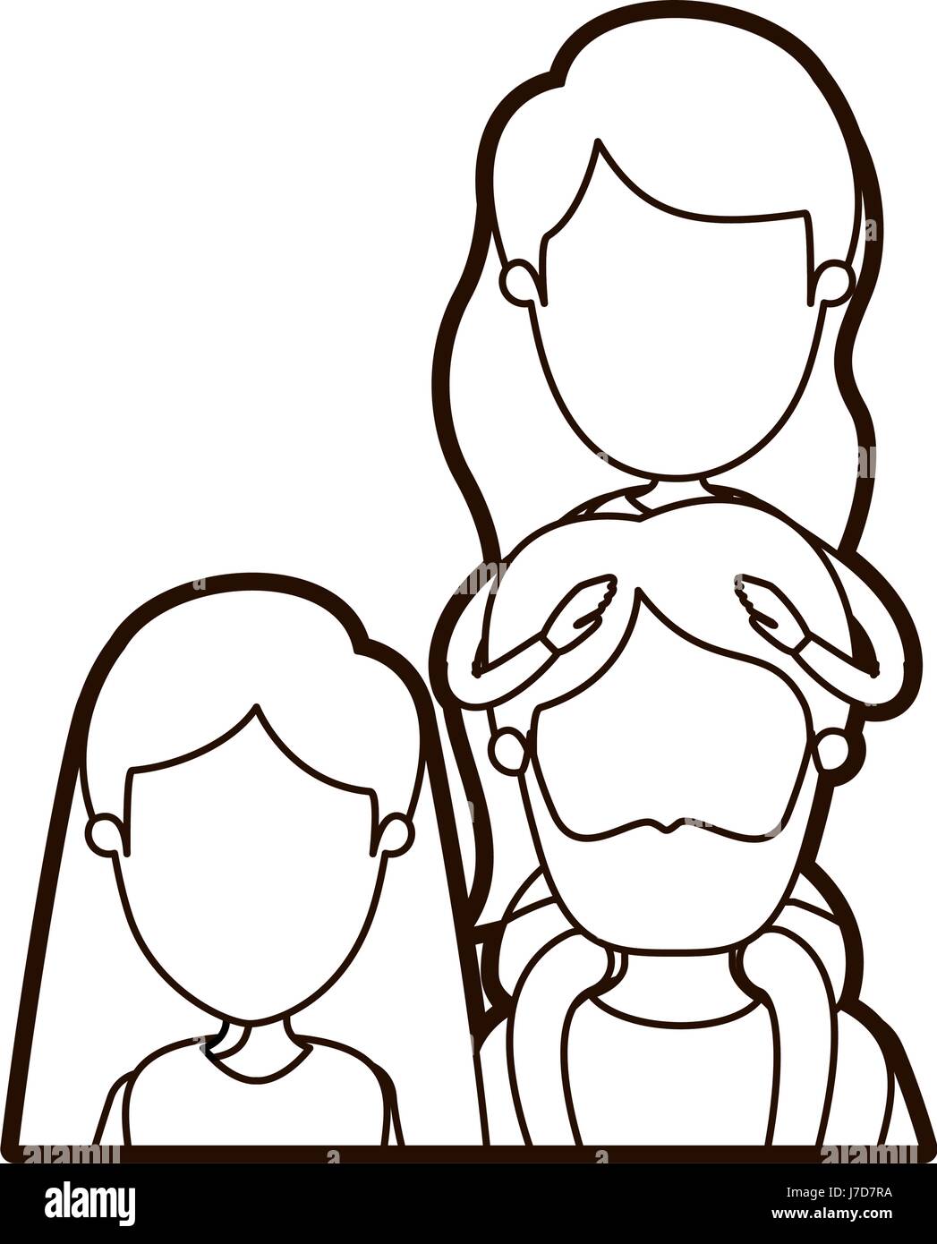 black thick contour caricature faceless front view half body family ...
