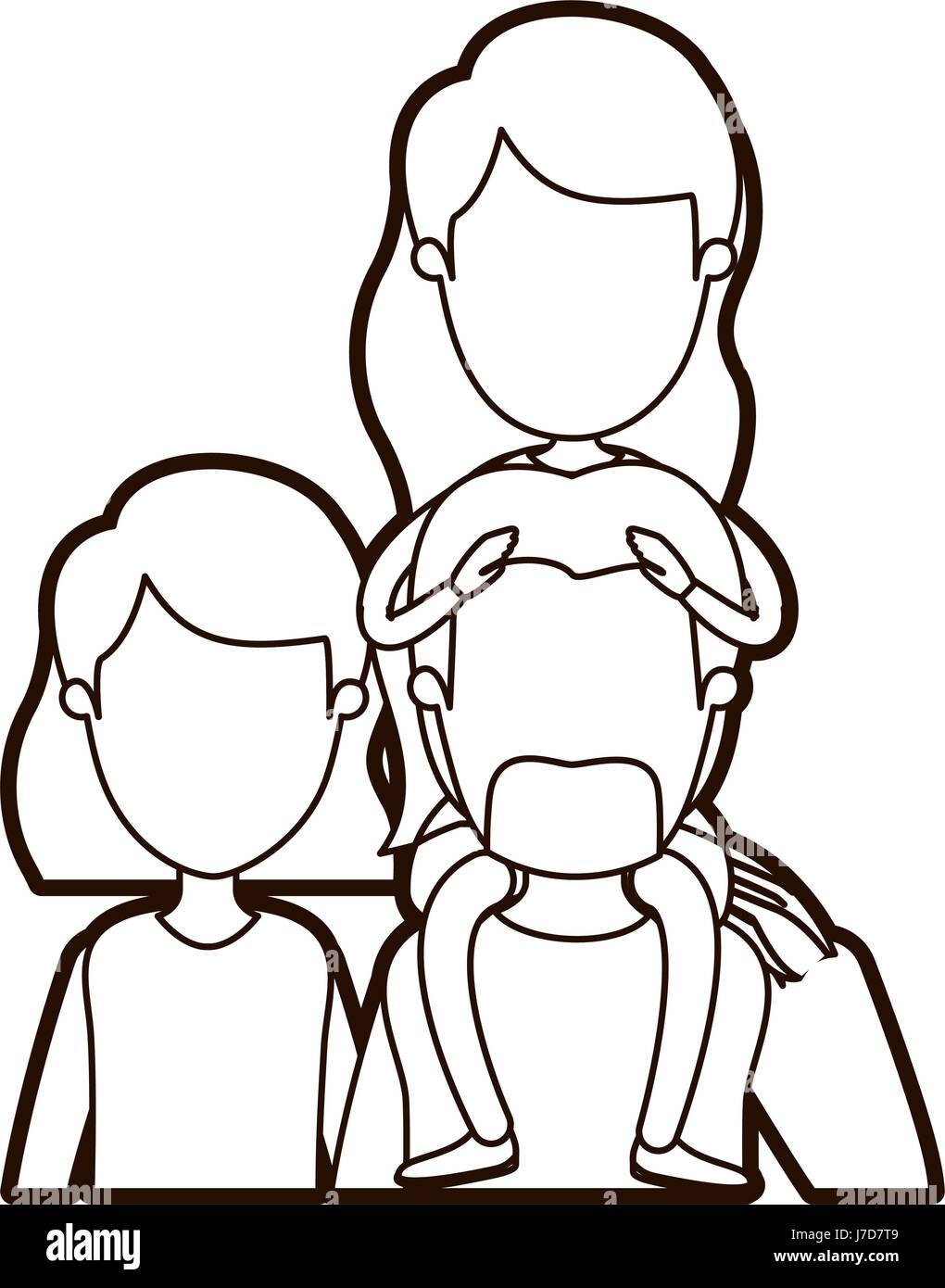 black thick contour caricature faceless front view half body family ...