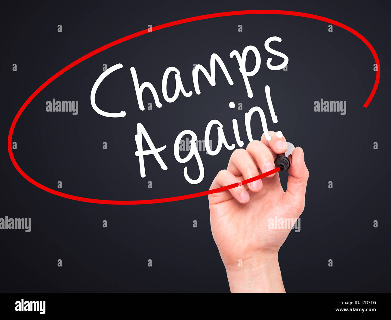 Man Hand writing Champs Again with black marker on visual screen ...