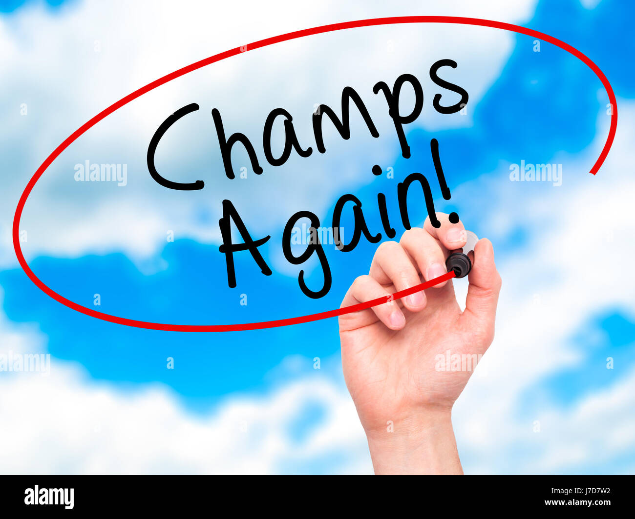 Man Hand writing Champs Again with black marker on visual screen ...