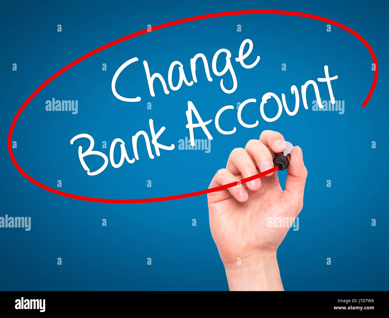 Man Hand writing Change Bank Account with black marker on visual screen ...