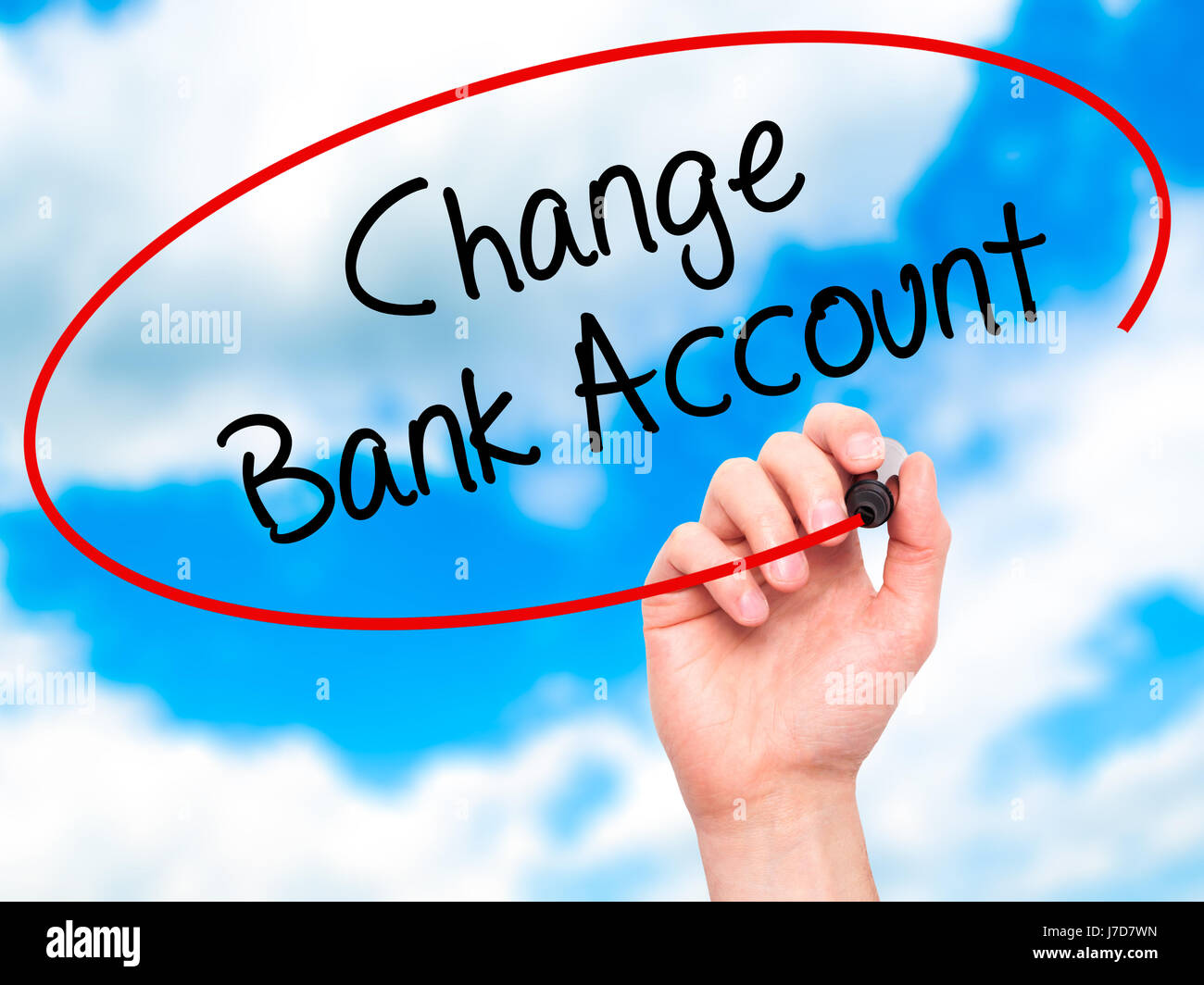 Man Hand writing Change Bank Account with black marker on visual screen ...