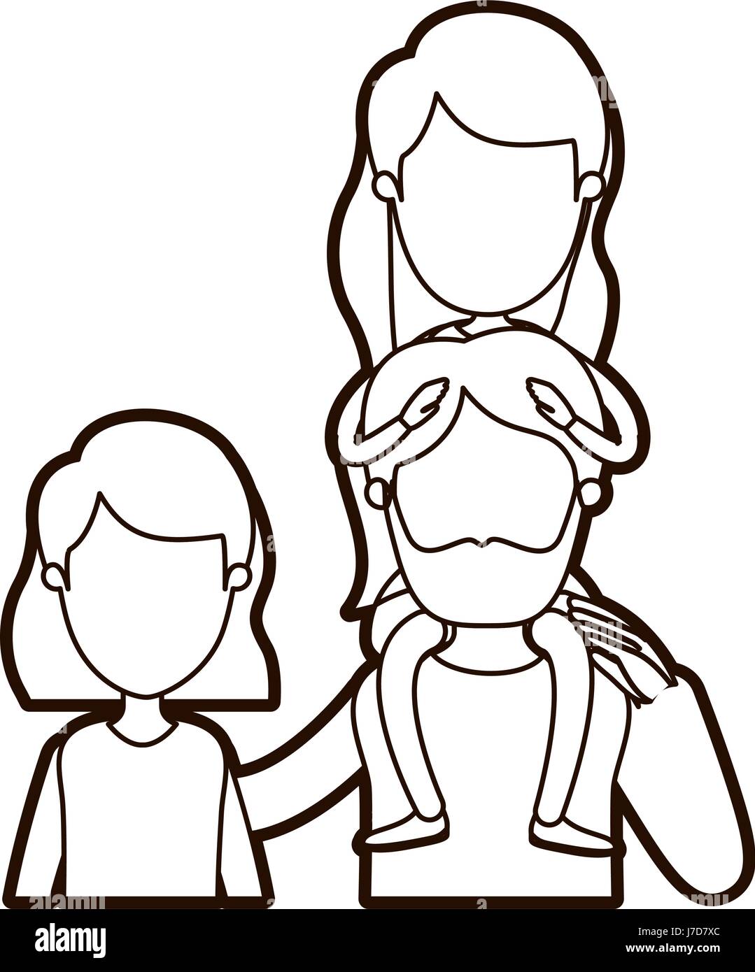 black thick contour caricature faceless front view half body family ...