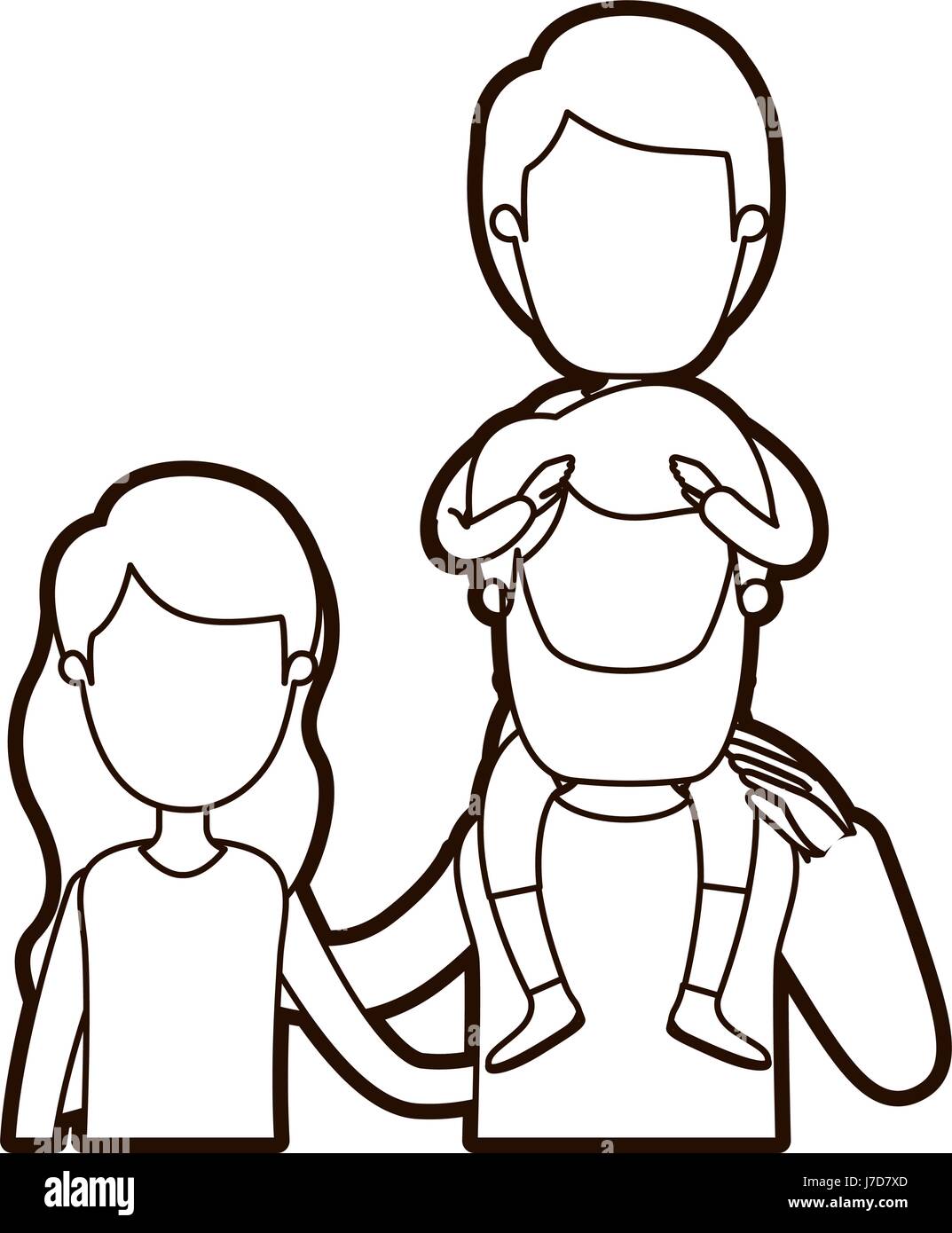 black thick contour caricature faceless front view half body family ...