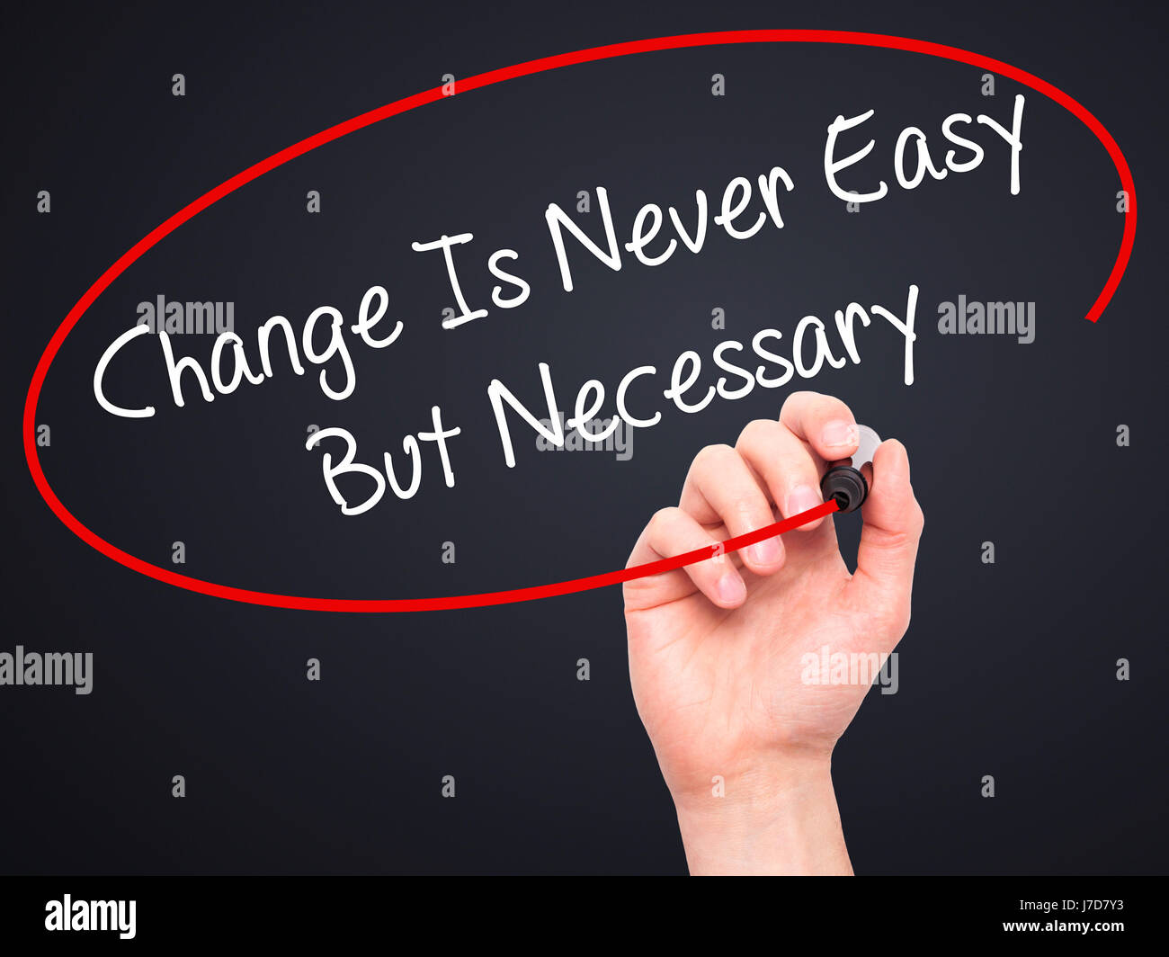 Man Hand writing Change Is Never Easy But Necessary with black marker ...