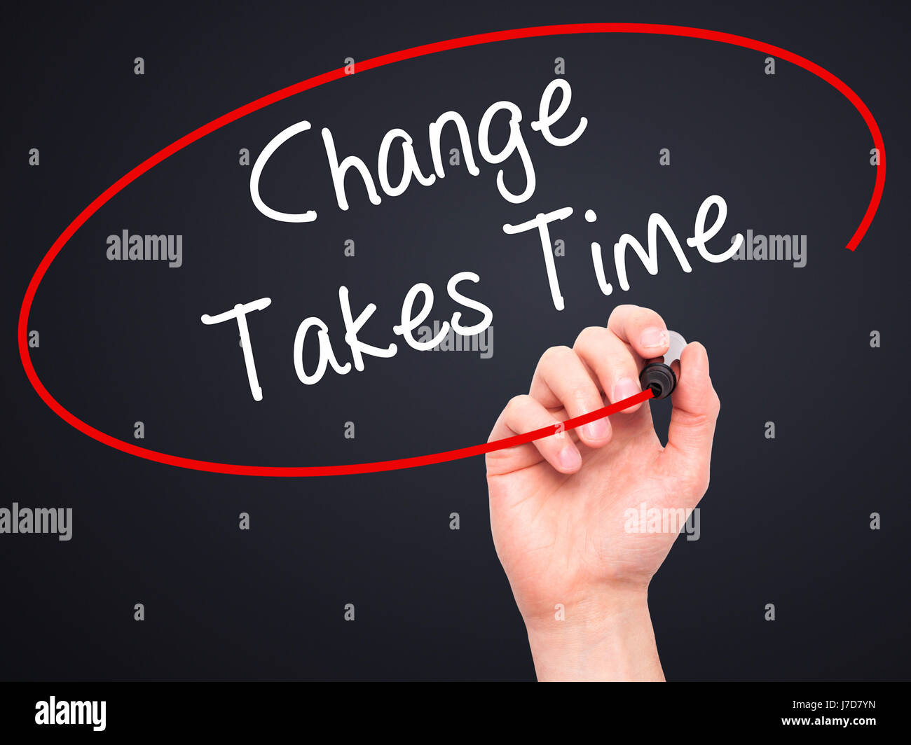 Man Hand writing Change Takes Time with black marker on visual screen ...