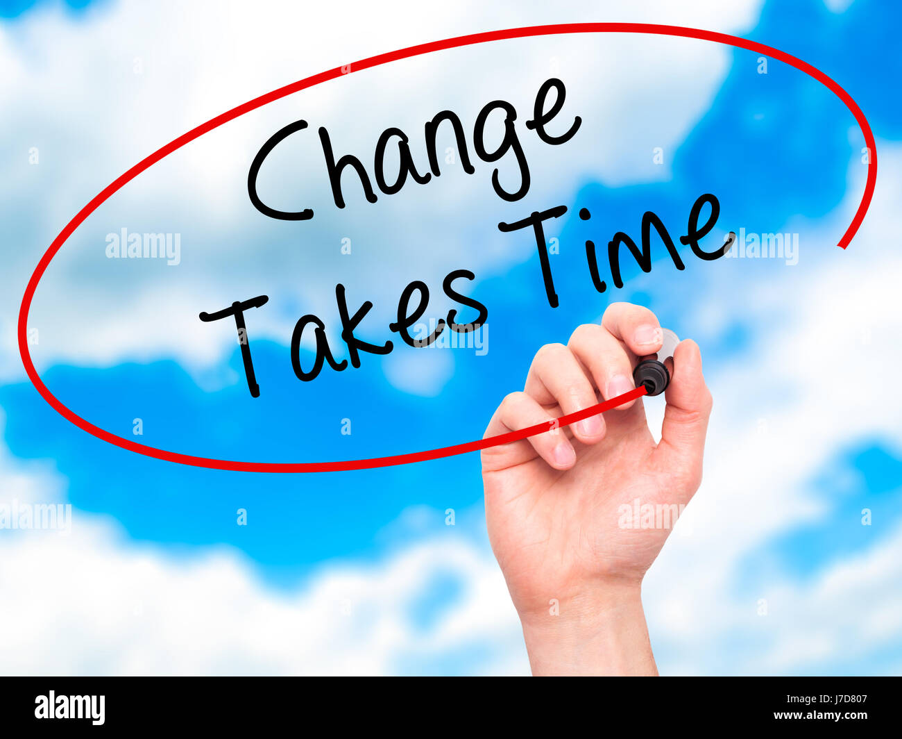 Man Hand writing Change Takes Time with black marker on visual screen ...