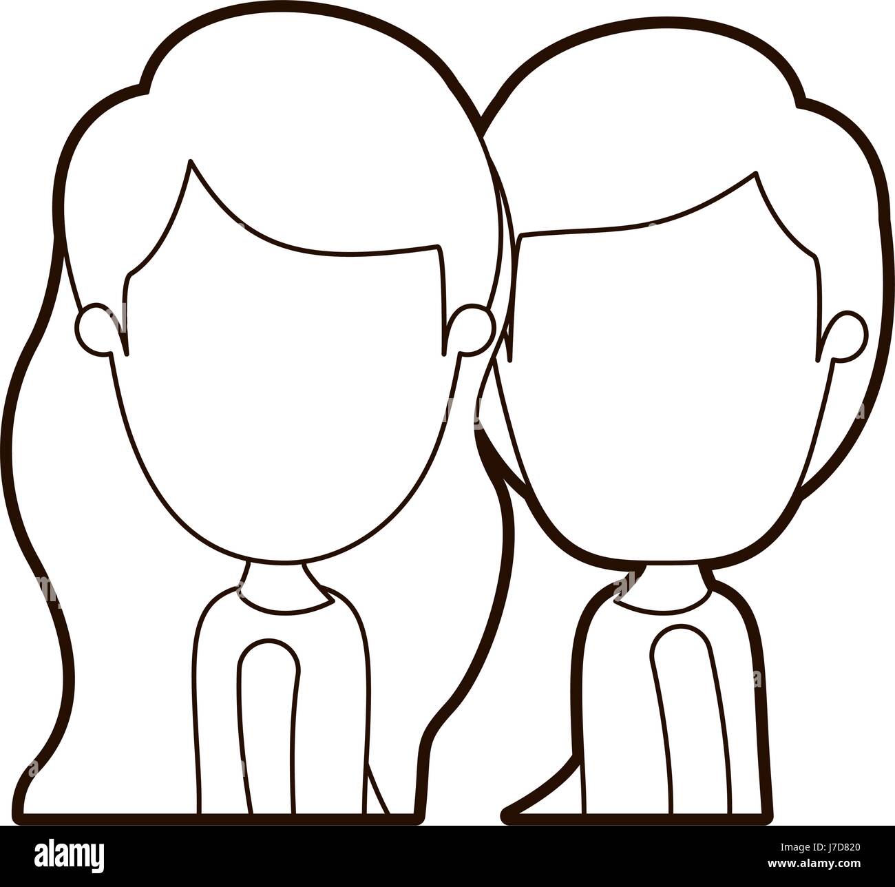 black thick contour caricature faceless side view half body couple ...