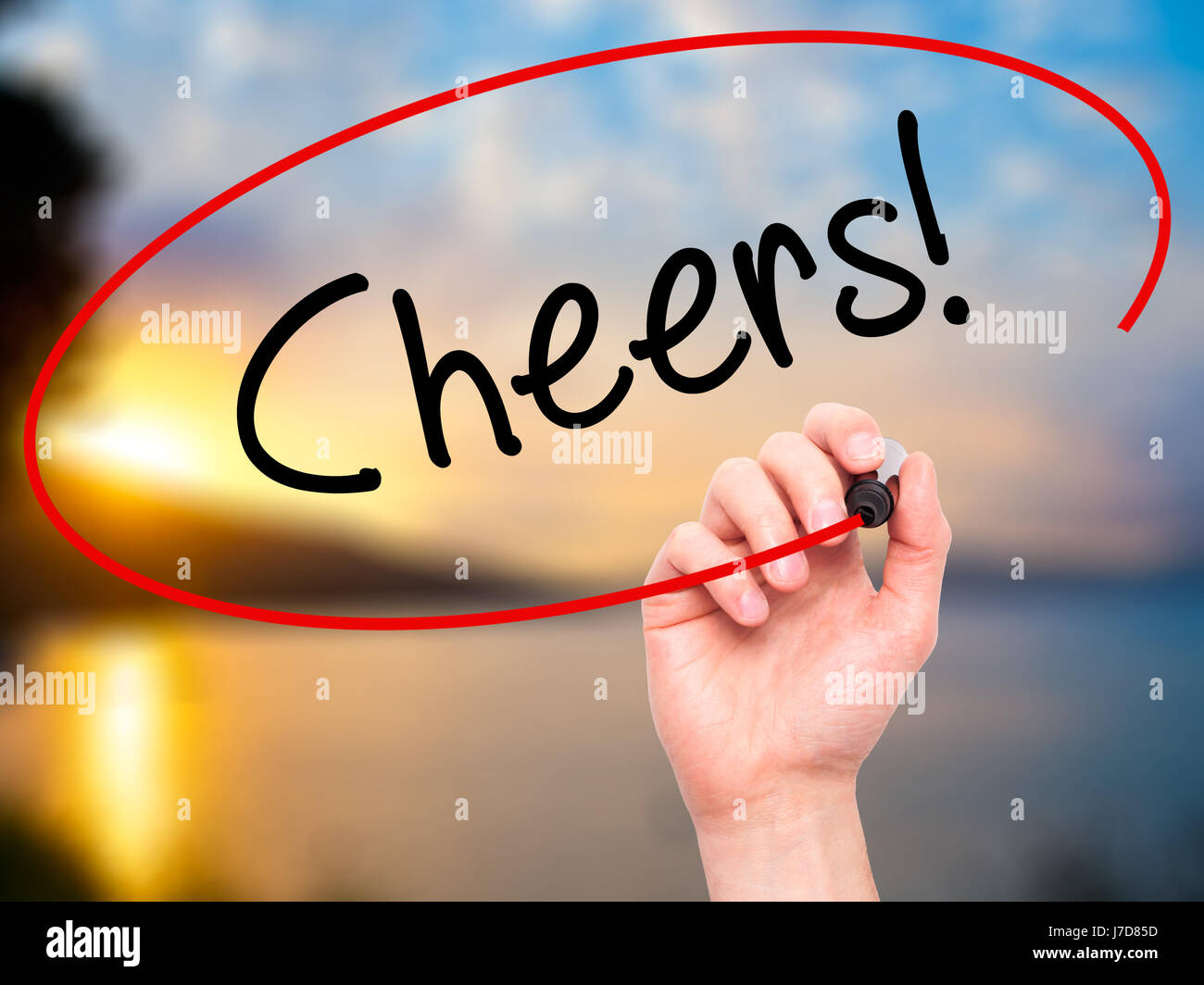 Man Hand writing Cheers! with black marker on visual screen. Isolated ...