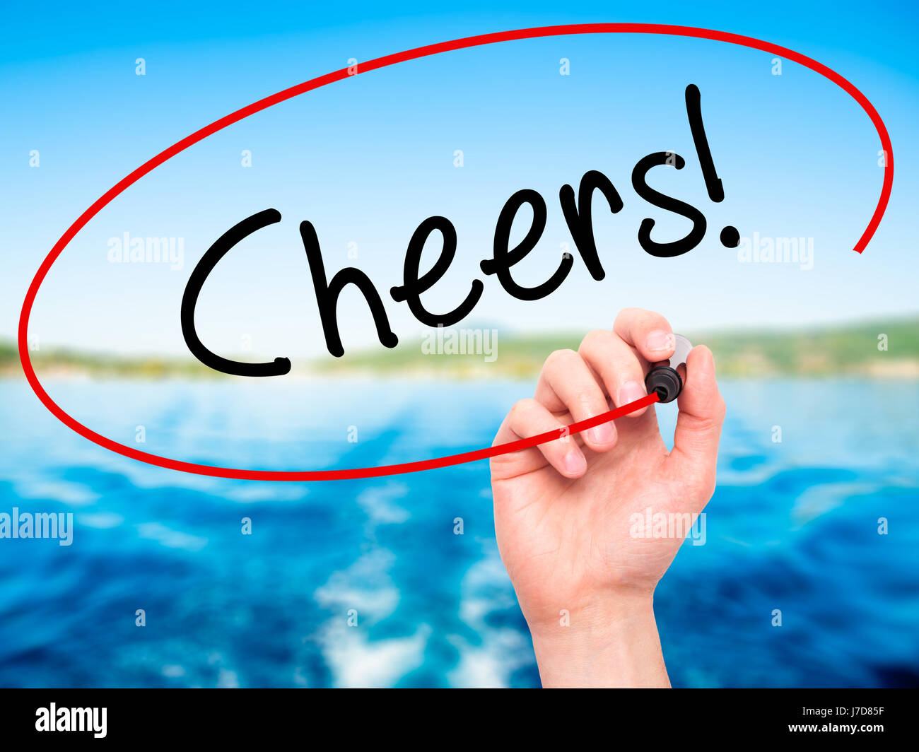 Man Hand writing Cheers! with black marker on visual screen. Isolated ...