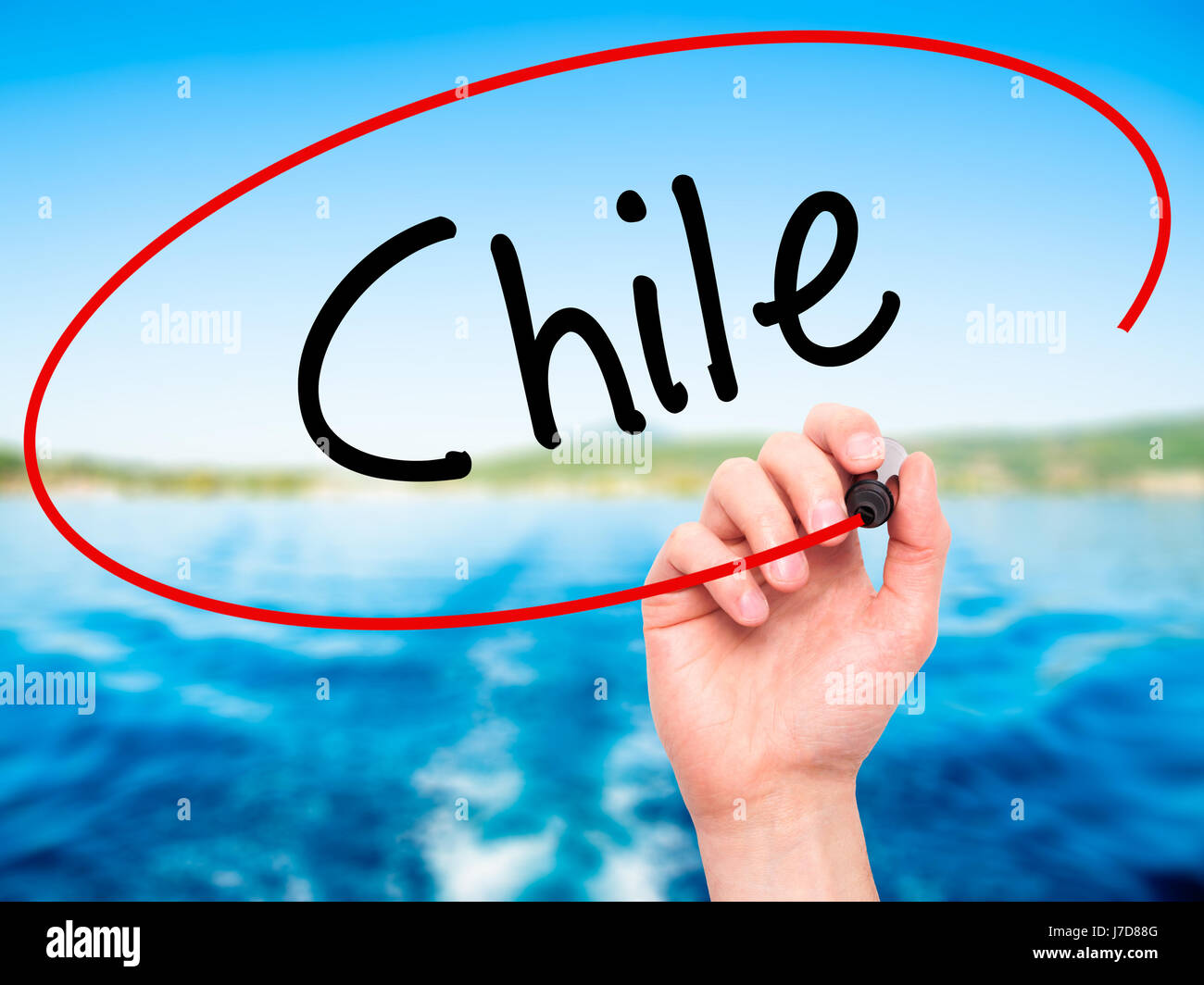 Man Hand writing Chile with black marker on visual screen. Isolated on ...