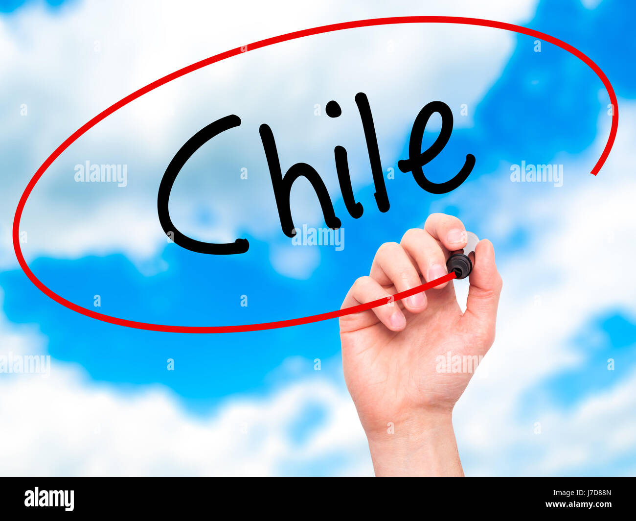 Man Hand writing Chile with black marker on visual screen. Isolated on ...