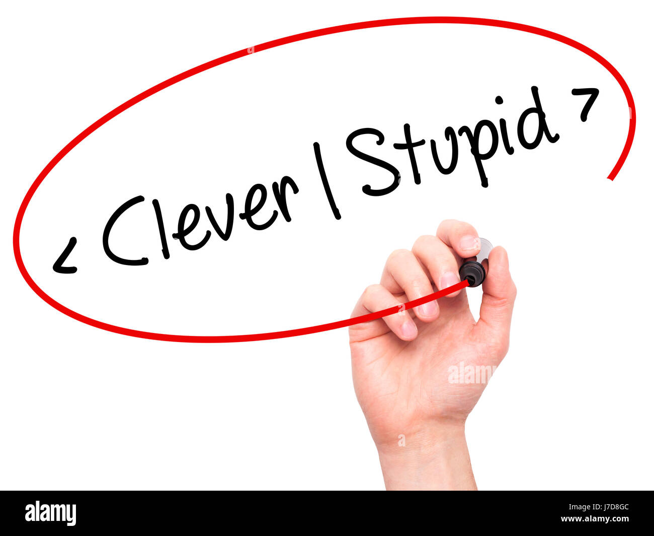 Man Hand writing Clever - Stupid with black marker on visual screen ...