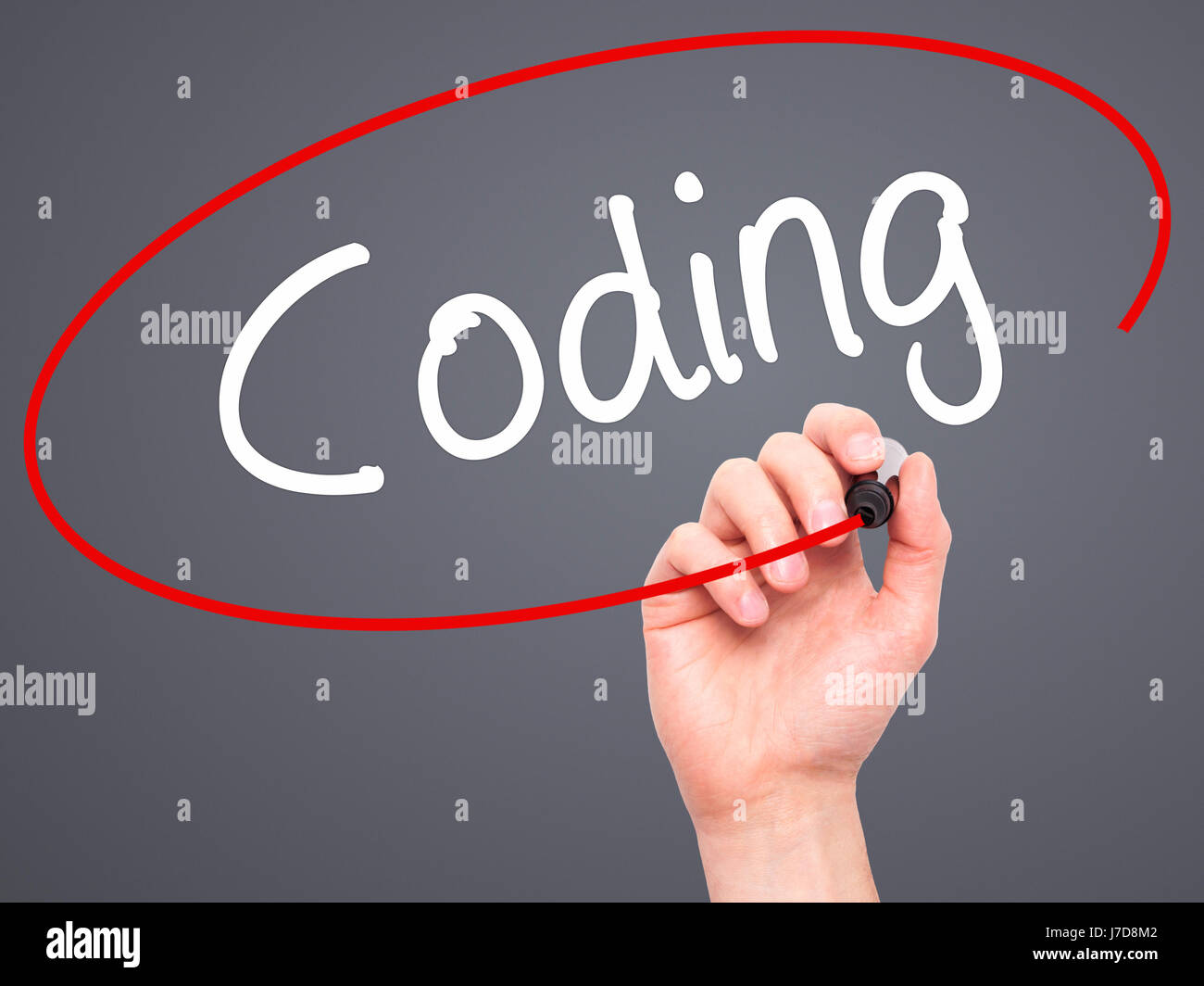 Man Hand writing Coding with black marker on visual screen. Isolated on ...