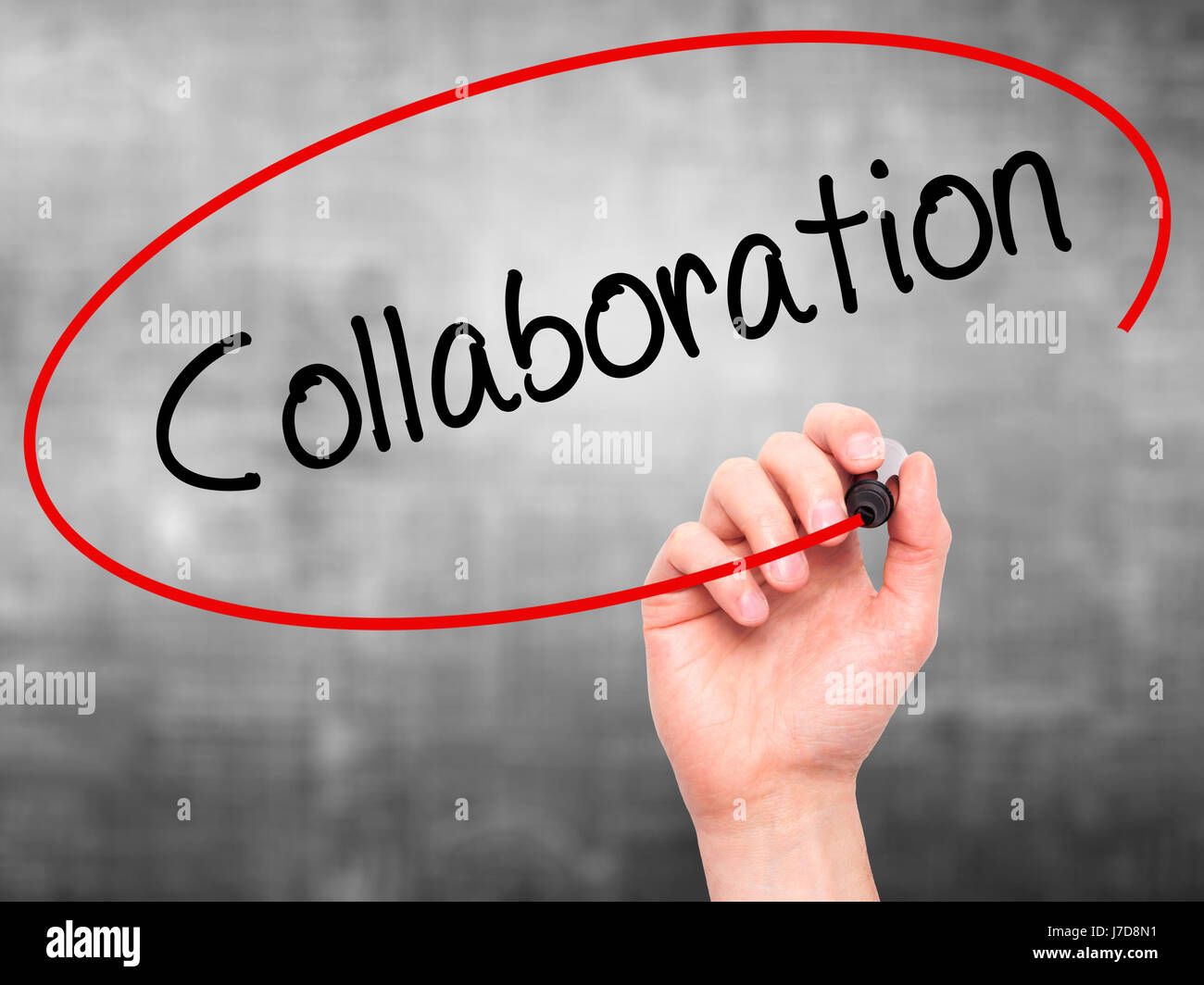 Man Hand writing Collaboration with black marker on visual screen ...