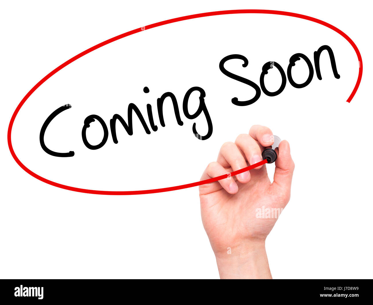 Man Hand writing Coming Soon with black marker on visual screen ...
