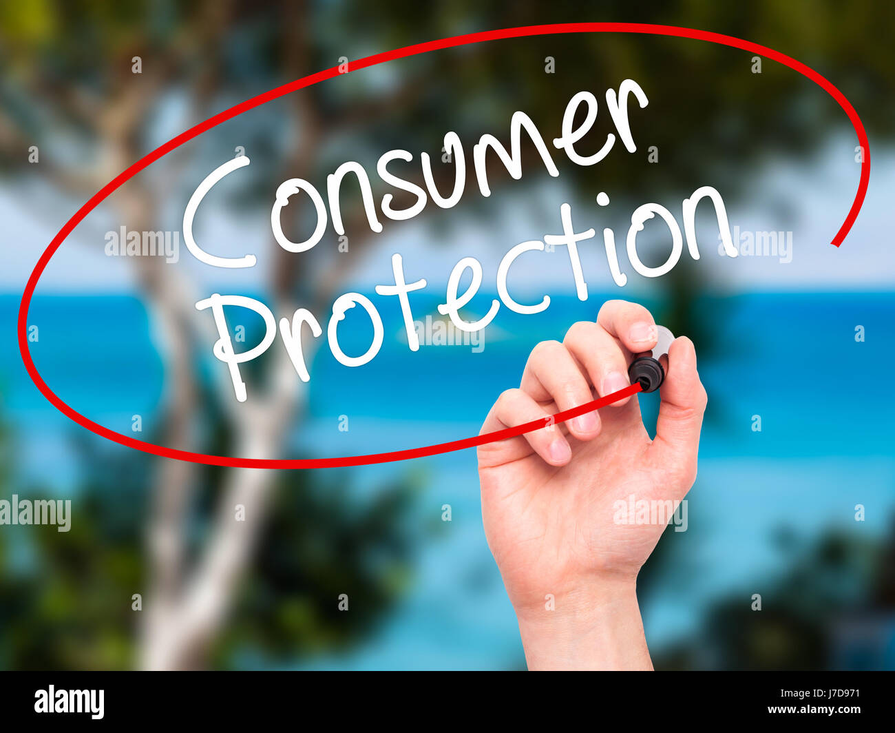 Man Hand writing Consumer Protection with black marker on visual screen ...