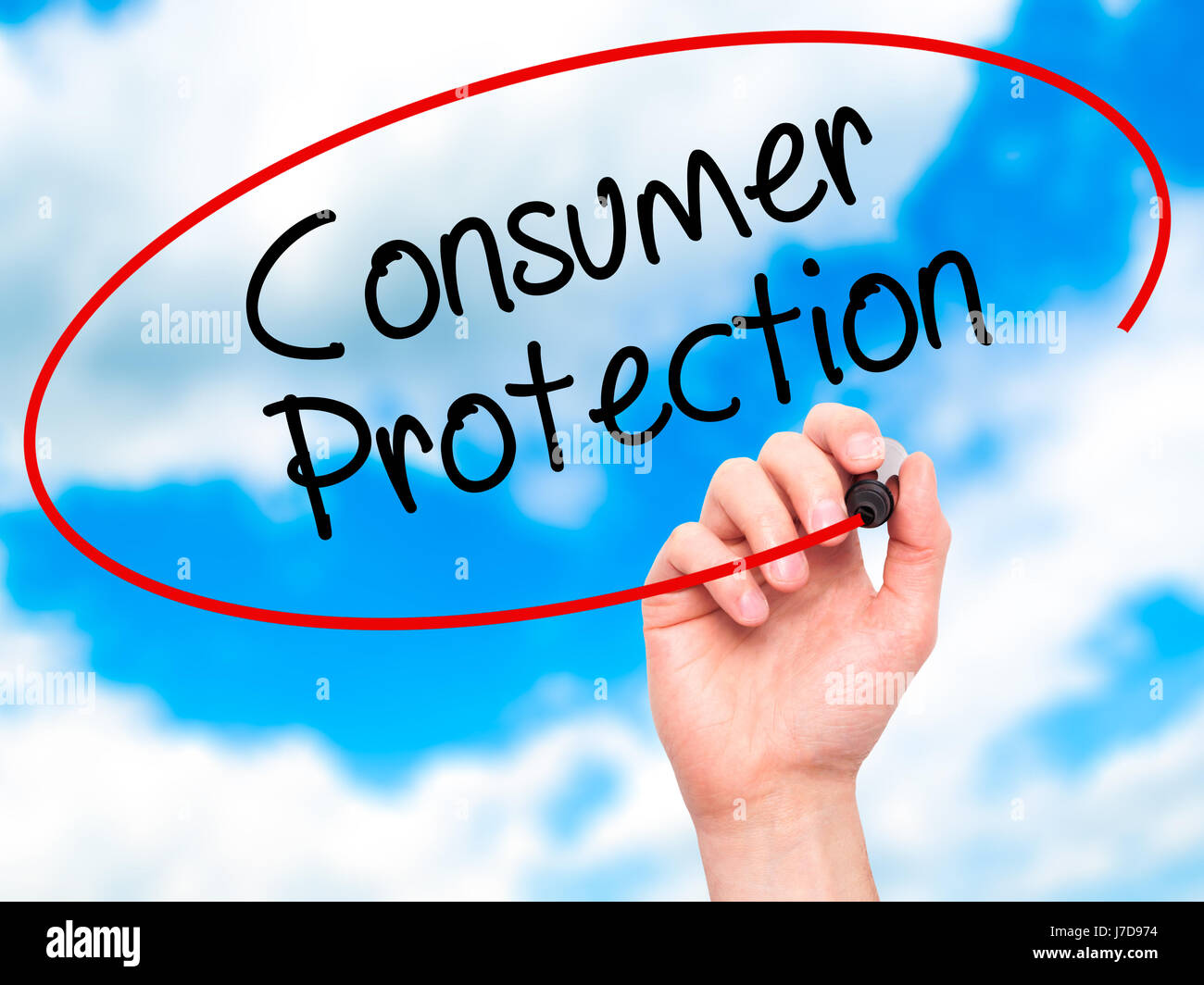 Man Hand writing Consumer Protection with black marker on visual screen ...