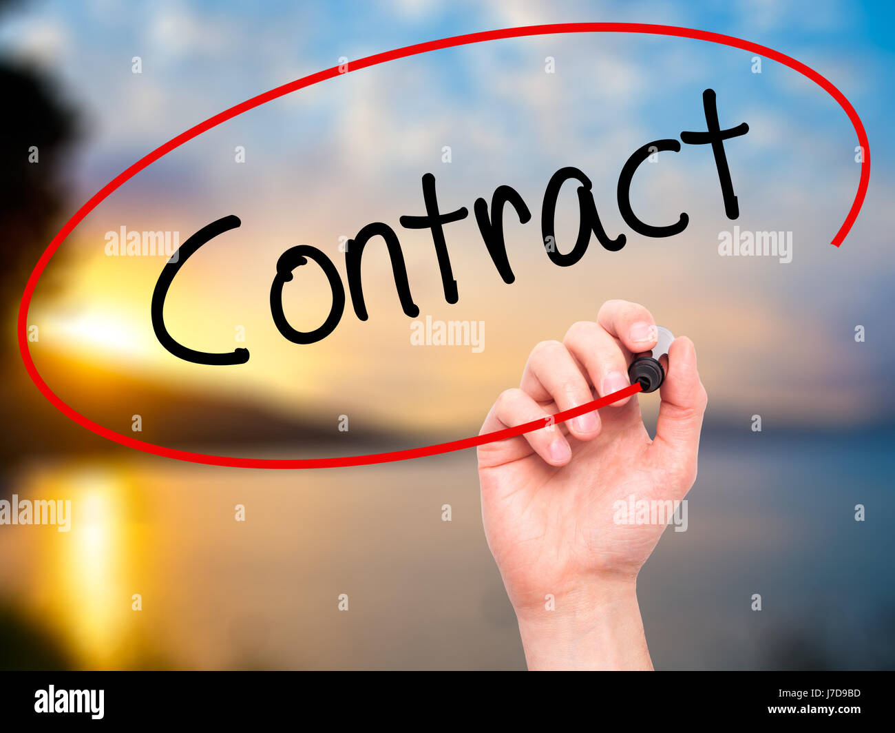 Man Hand writing Contract with black marker on visual screen. Isolated ...