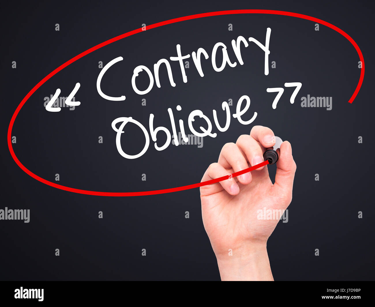 Man Hand writing Contrary - Oblique with black marker on visual screen ...