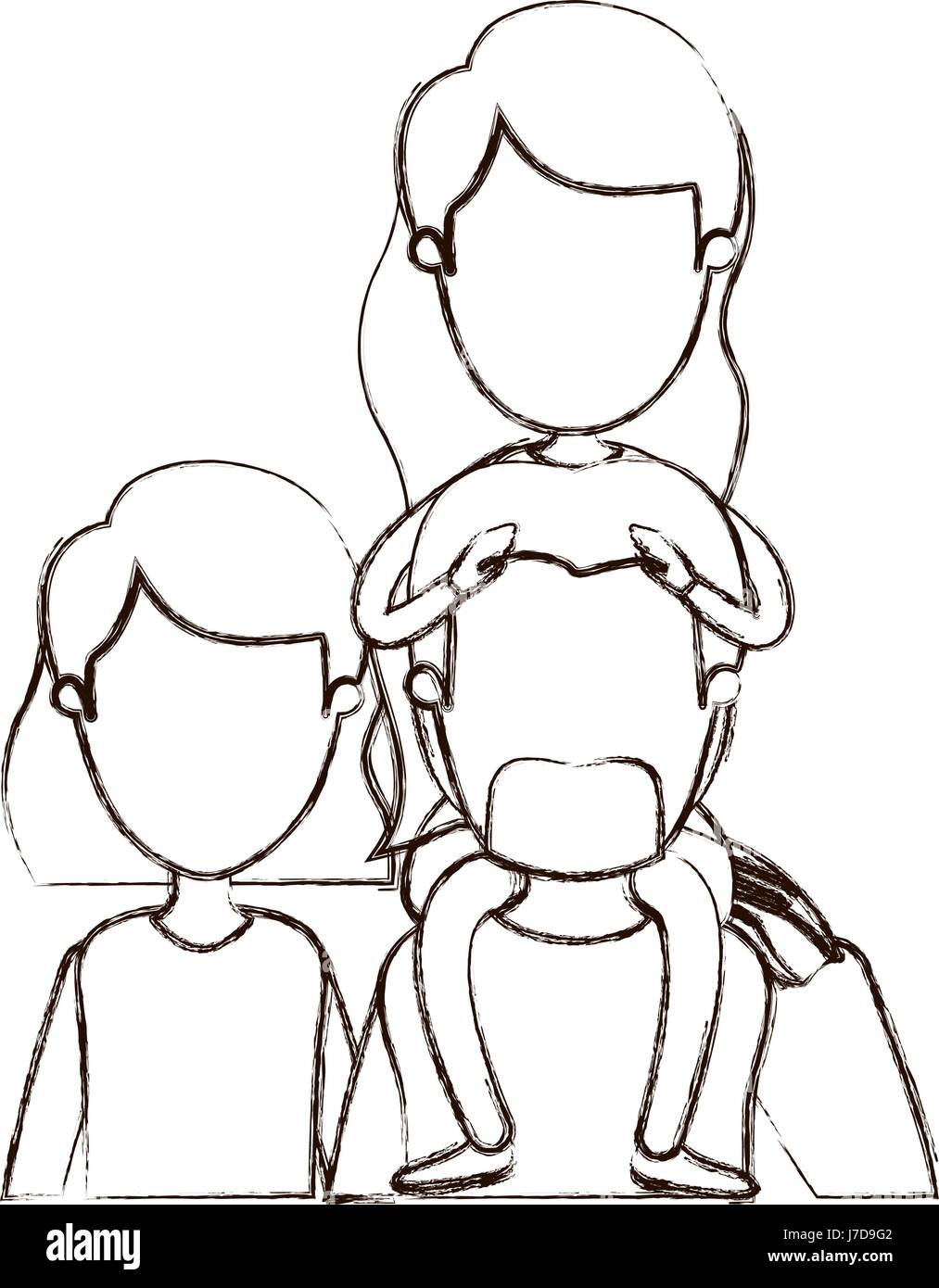 blurred thin contour caricature faceless front view half body family ...