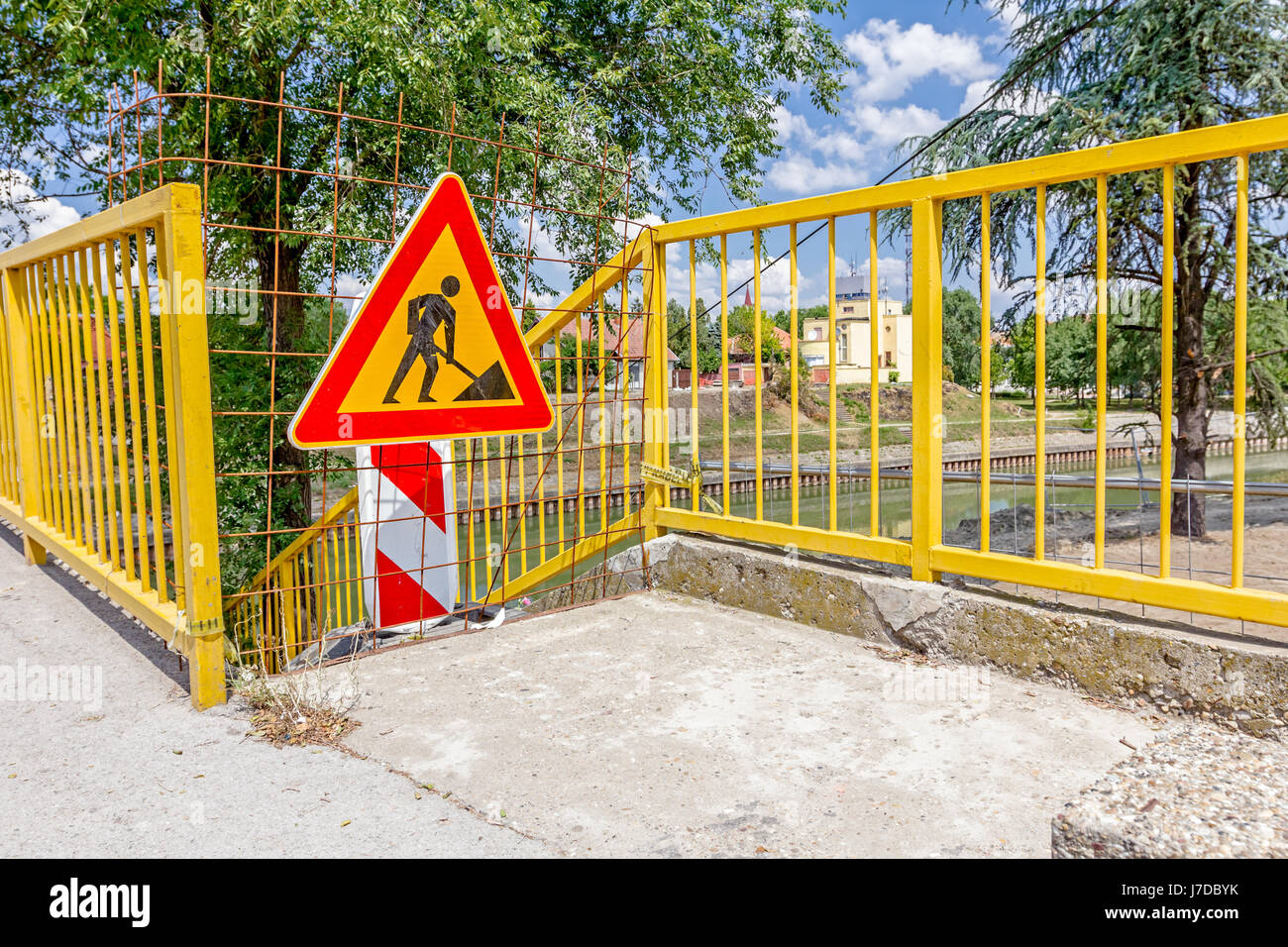 Closed enter at construction zone, work in progress, sign with boundary ...