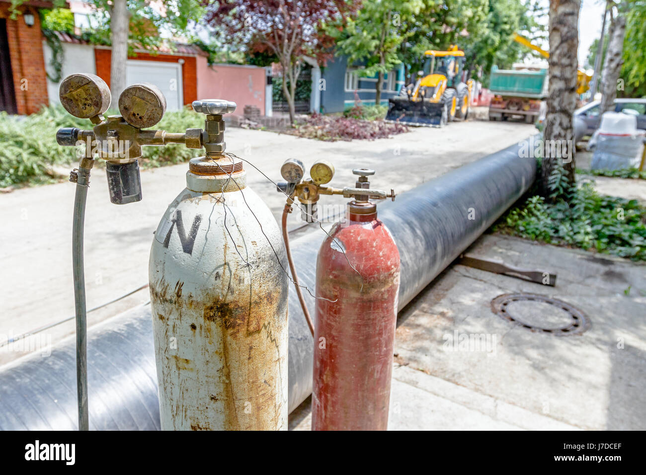 Welding equipment set, acetylene gas cylinder tank with attached gauge ...