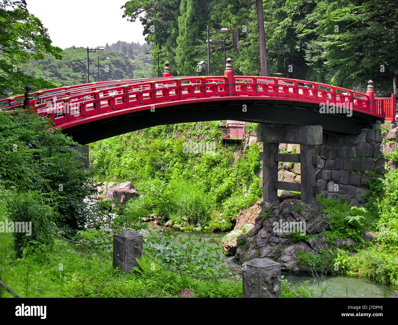 garden bridge traditional japanese japan rural red river water peasant ...
