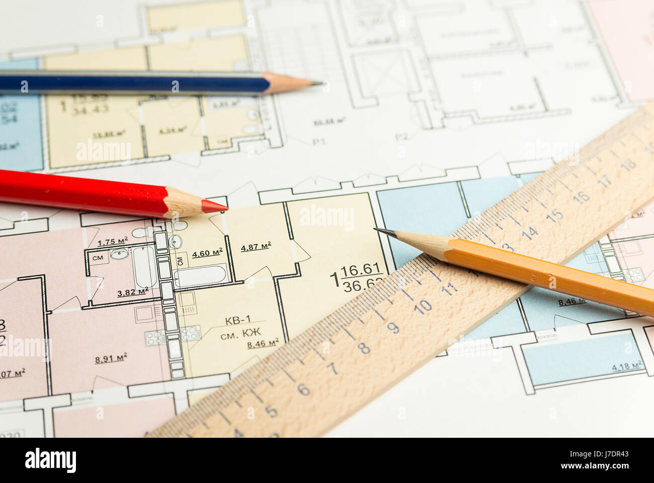 On the sheet of the drawing is a pencils and ruler Stock Photo - Alamy