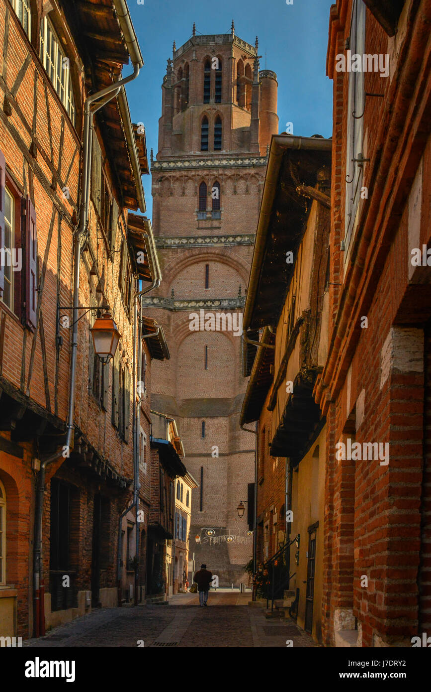 A portrait view of Albi Cathedral towering above the medieval houses ...