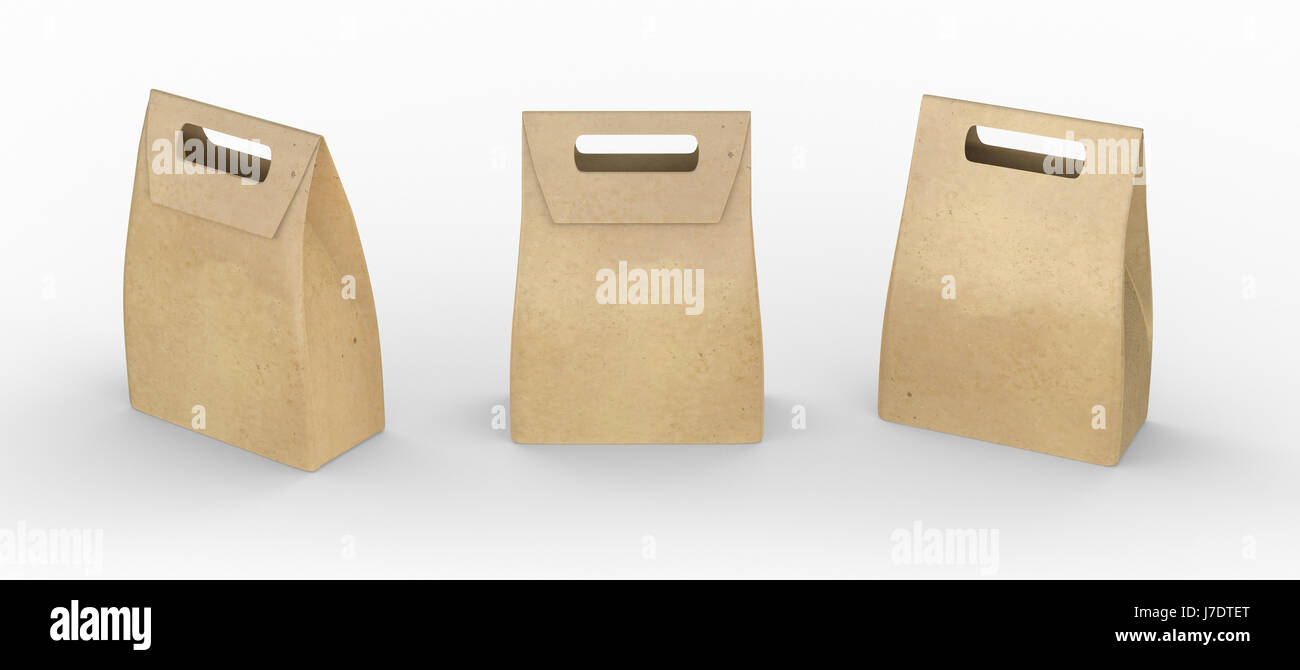Brown paper bag folded package with handle, clipping path included ...