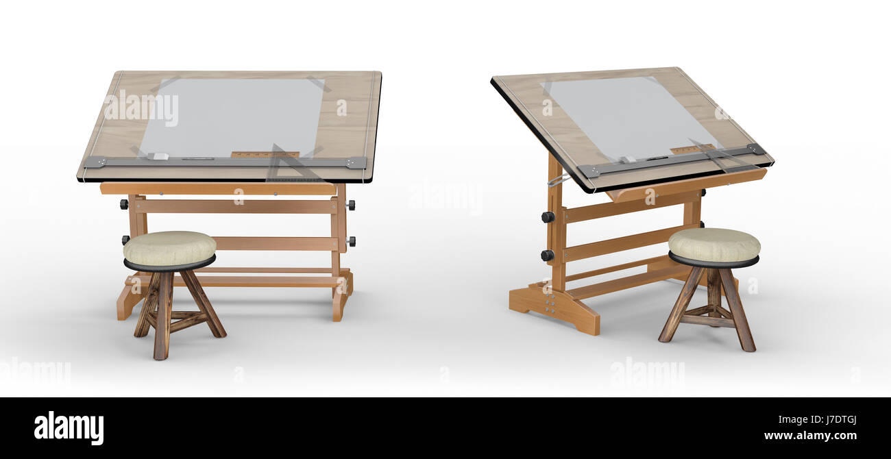 New Wooden drawing table with tools and stool , clipping path included ...