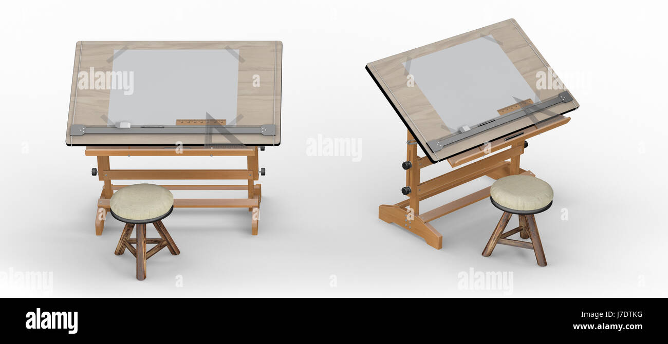 Wooden drawing table with tools and stool , clipping path included ...