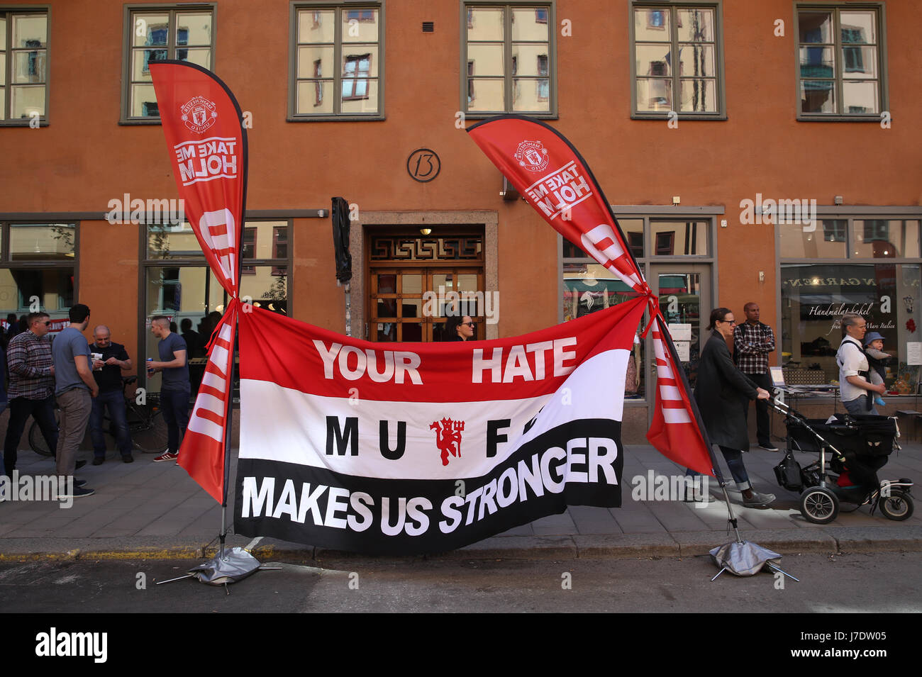 A Manchester United banner in the Rorstrandsgatan fan zone prior the ...