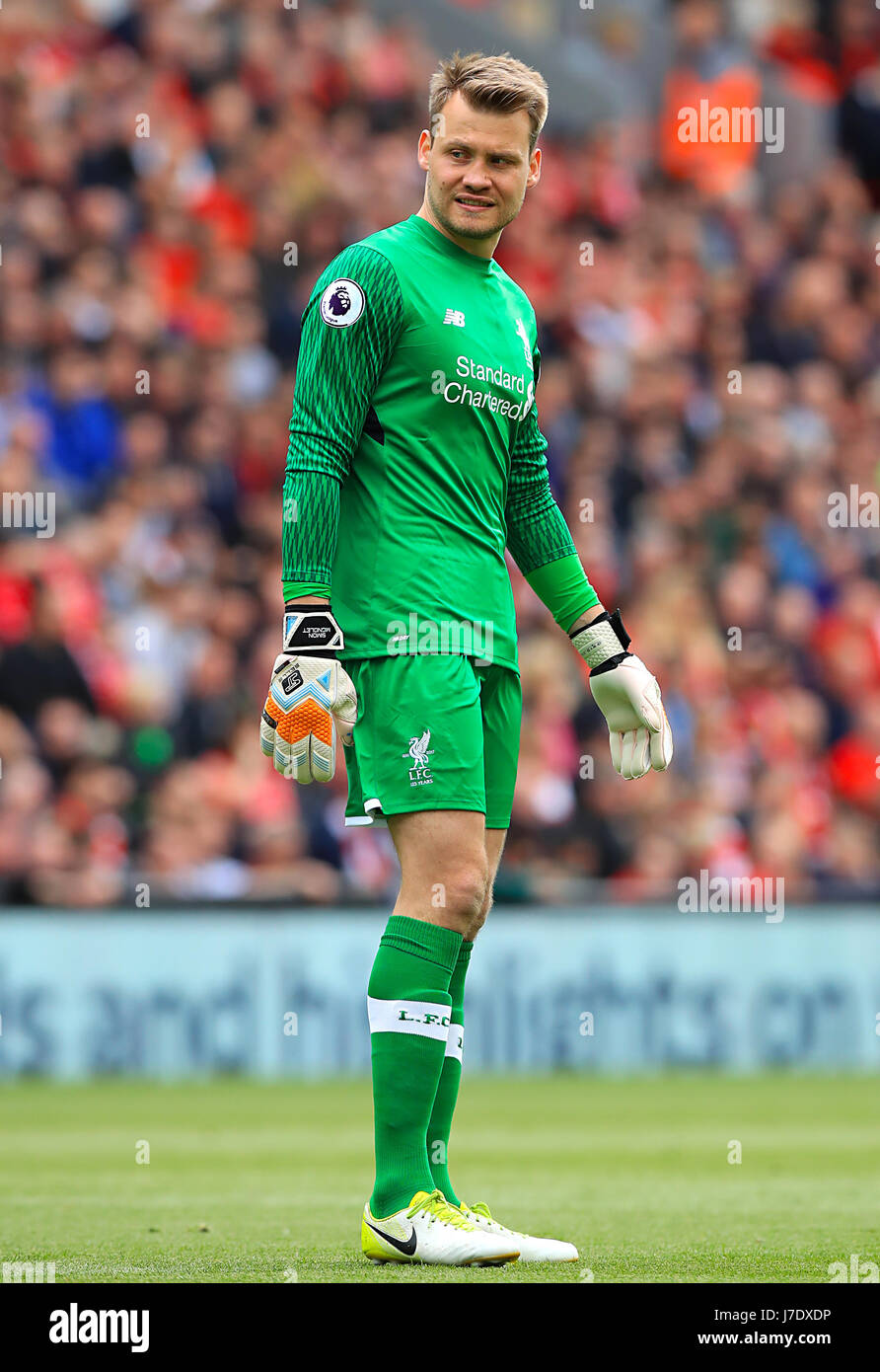 Liverpool goalkeeper Simon Mignolet during the Premier League match at Anfield, Liverpool. PRESS ...