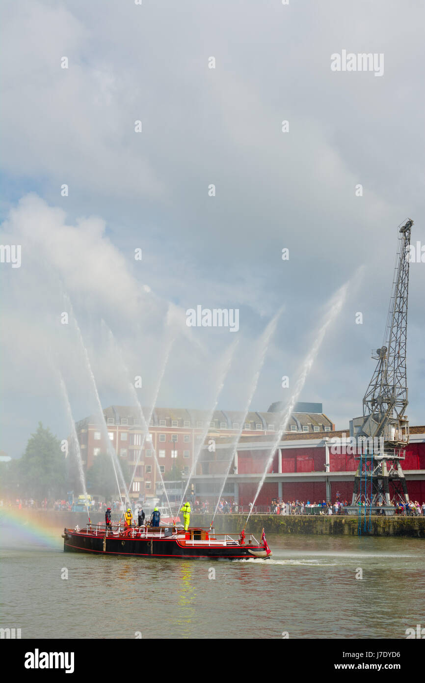 The old fire-float, Pyronaut, being demonstrated in the docks in front ...