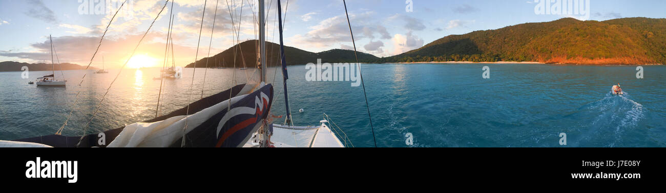 panorama of catamaran sailboat at anchor off monkey point in the ...