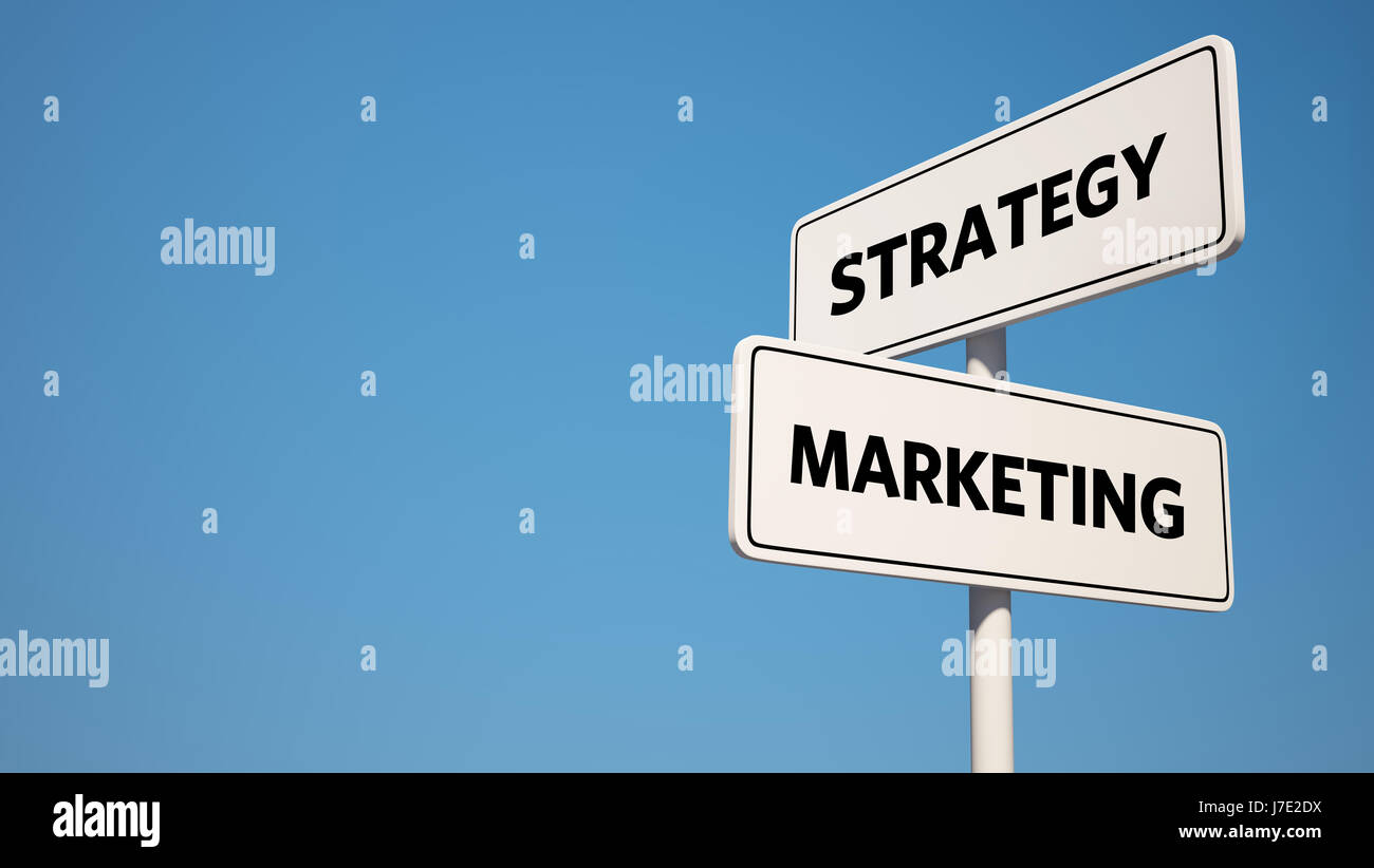 Marketing and Strategy Signpost isolated on clean sky Stock Photo - Alamy