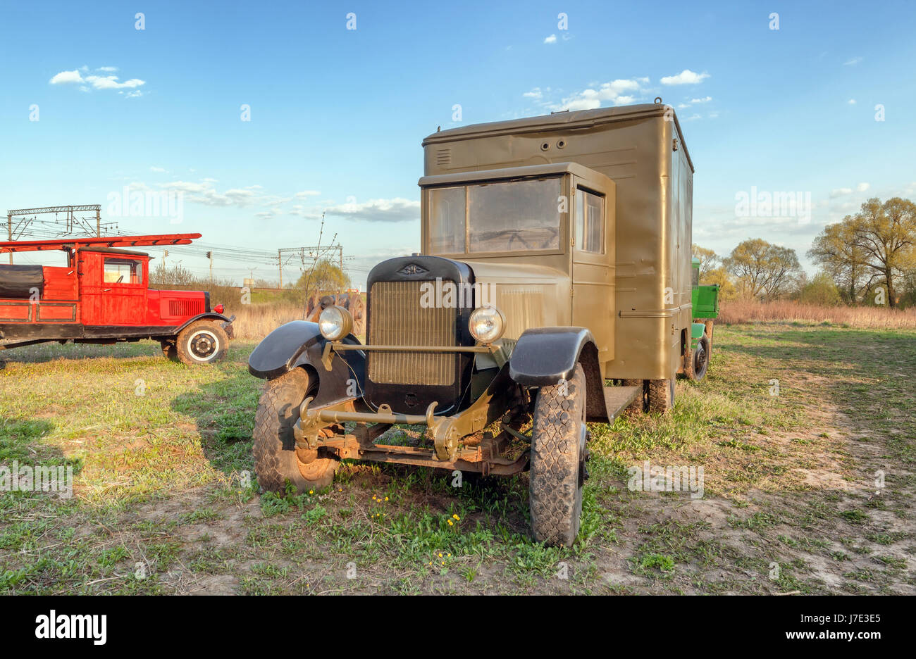 Vintage retro soviet truck with a closed body of the van to open ...