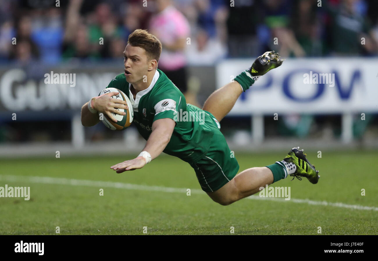 London Irish's Alex Levington scores their fourth try during the ...
